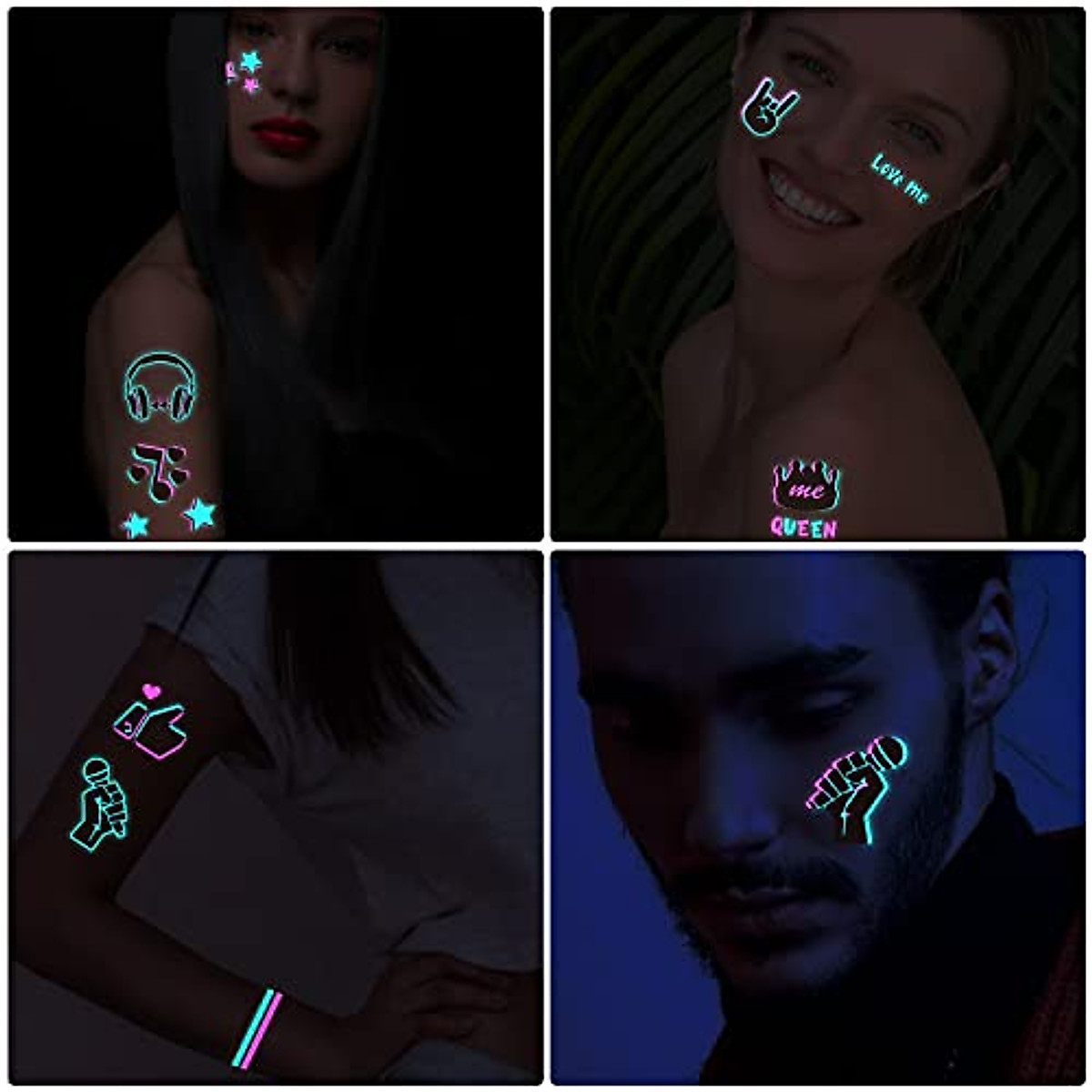 Konsait 10 Sheets Glow In The Dark Tattoos for Kids Adults, Safe and Easy to Use Neon Temporary Music Tattoos, Music Notes UV Blacklight Tattoos, Glow In The Dark Party Makeup Supplies Party Favors