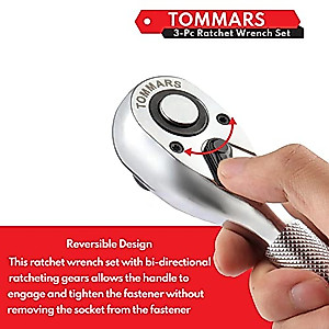 TOMMARS Stubby Ratchet Set, 1/4", 3/8", 1/2" Drive Ratchet Handle Wrench 72-Tooth Quick-Release Reversible