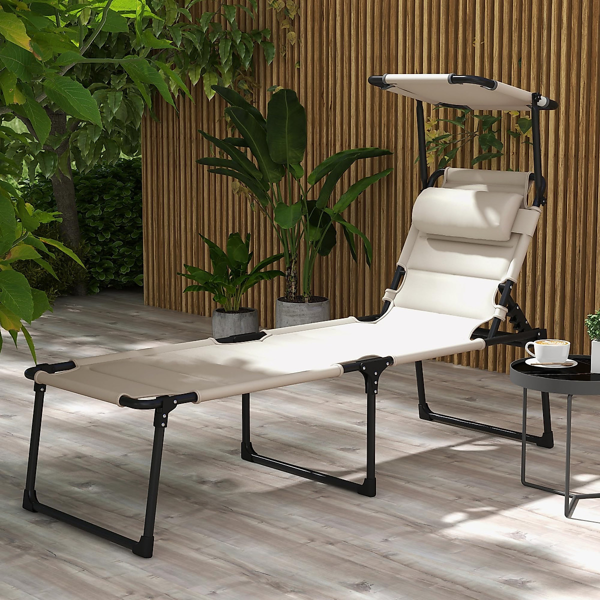 Outsunny Outdoor Lounge Chair, Adjustable Backrest Folding Chaise Lounge, Cushioned Tanning Chair with Sunshade Roof & Pillow Headrest for Beach, Camping, Hiking, Cream White