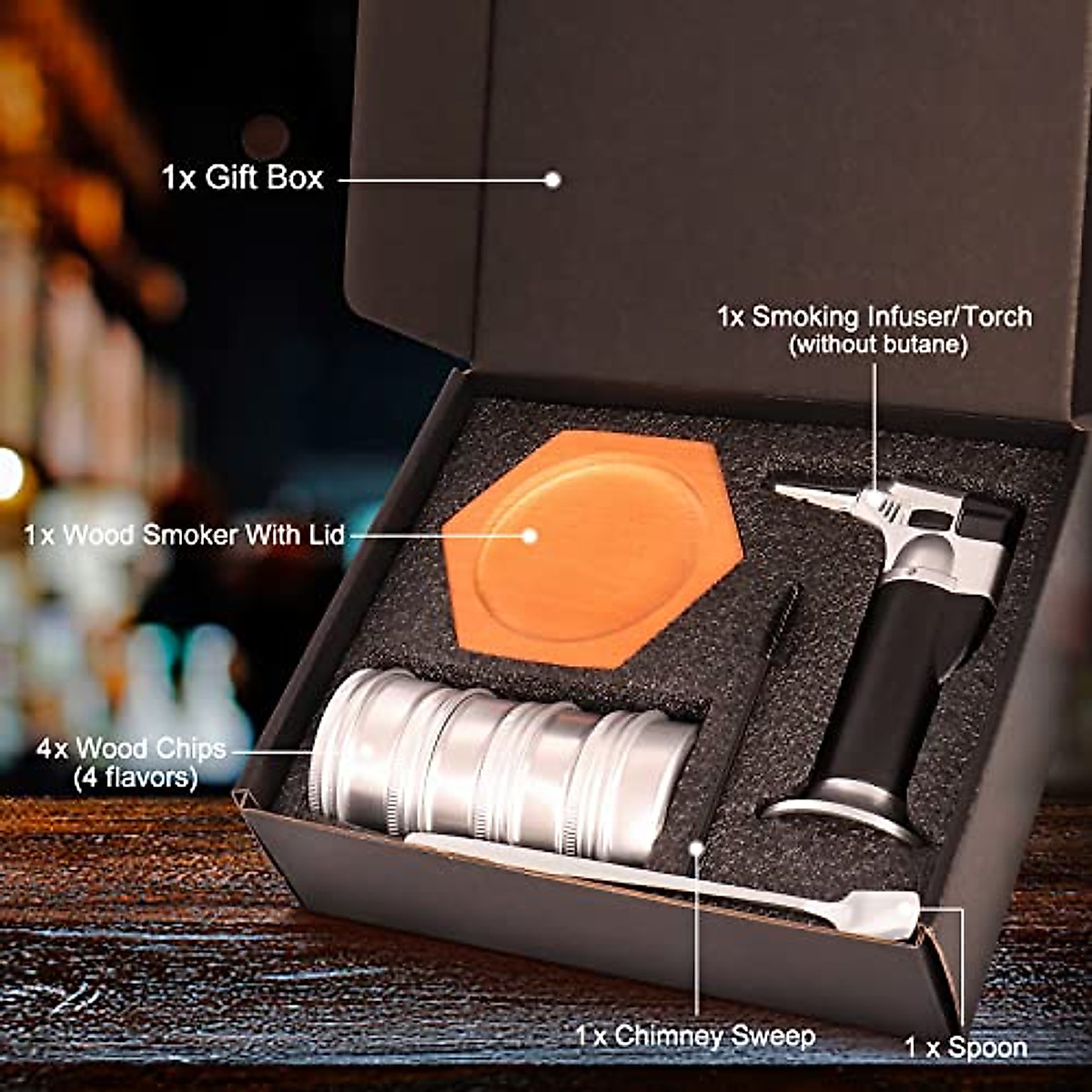 Cocktail Smoker kit with Torch for Old Fashioned Cocktail Whiskey Bourbon, Premium Drink Smoker Infuser Kit with 4 Flavored Smoking Wood Chips, Smoke Gifts for Men, Whisky Lovers (No Butane)