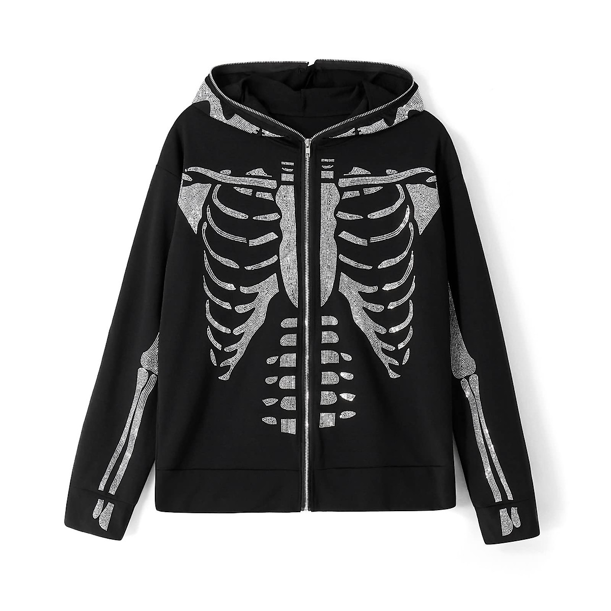 Kaipiclos Mens Womens Zip Up Hoodies Oversized Rhinestone Skeleton Hoodie Sweatshirt Jacket 90s Harajuku Halloween Streetwear