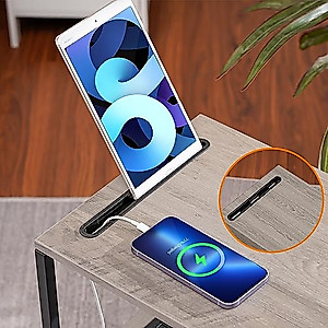 Heybly Side Table C Shaped Nightstand End Sofa Table with Charging Station, Phone Holder, 2 USB Ports and Power Outlets, Snack Couch Tables for Small Spaces, Greige and Black HET001CSG1