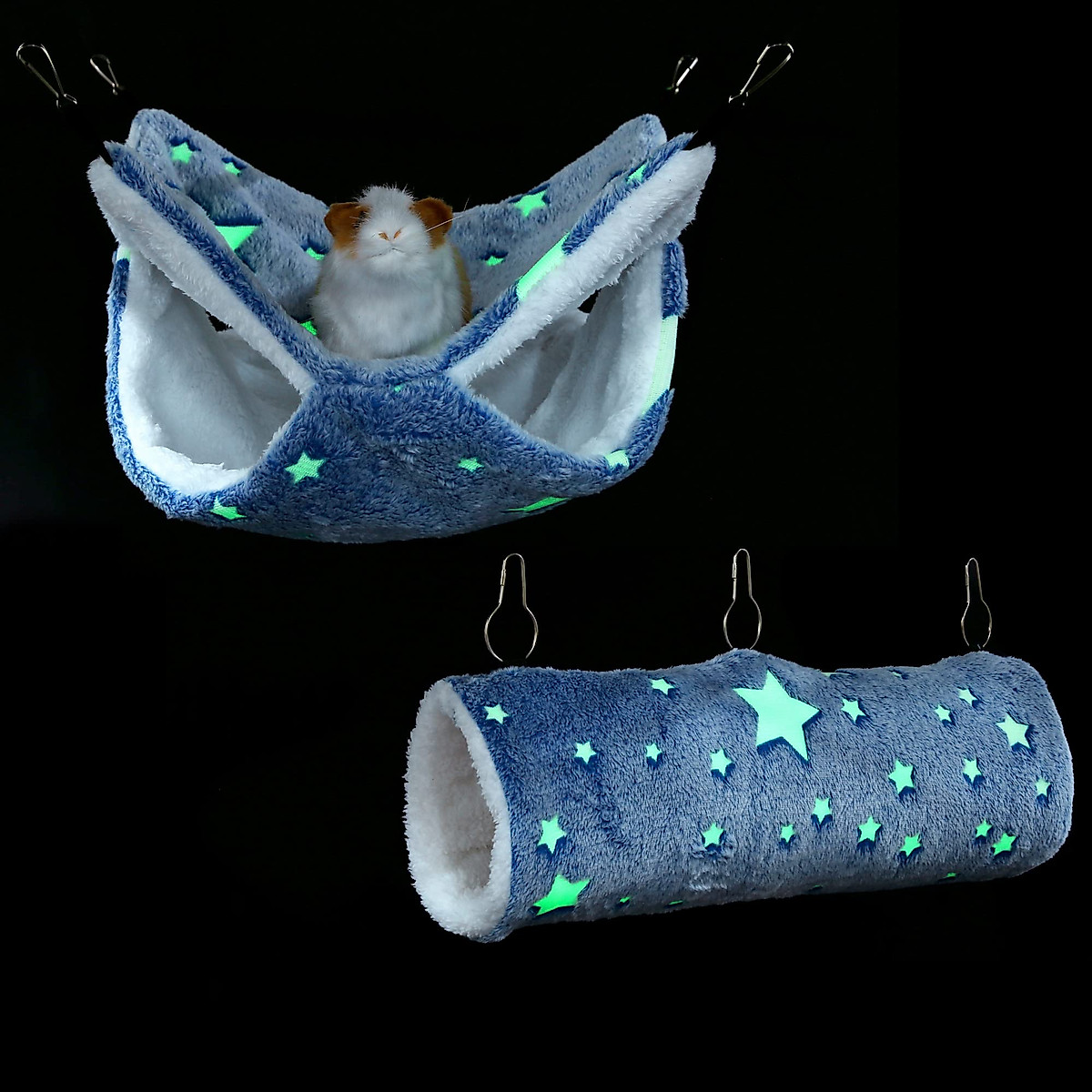 Filhome Guinea Pig Bed, Luminous Guinea Rat Ferret Hammock 2 Pcs Hanging Tunnel and Soft Bed Mat for Small Pet Chinchilla Gerbil Hedgehog Squirrel Hideout Cage Accessories (Bunkbed Hammock and Tunnel)