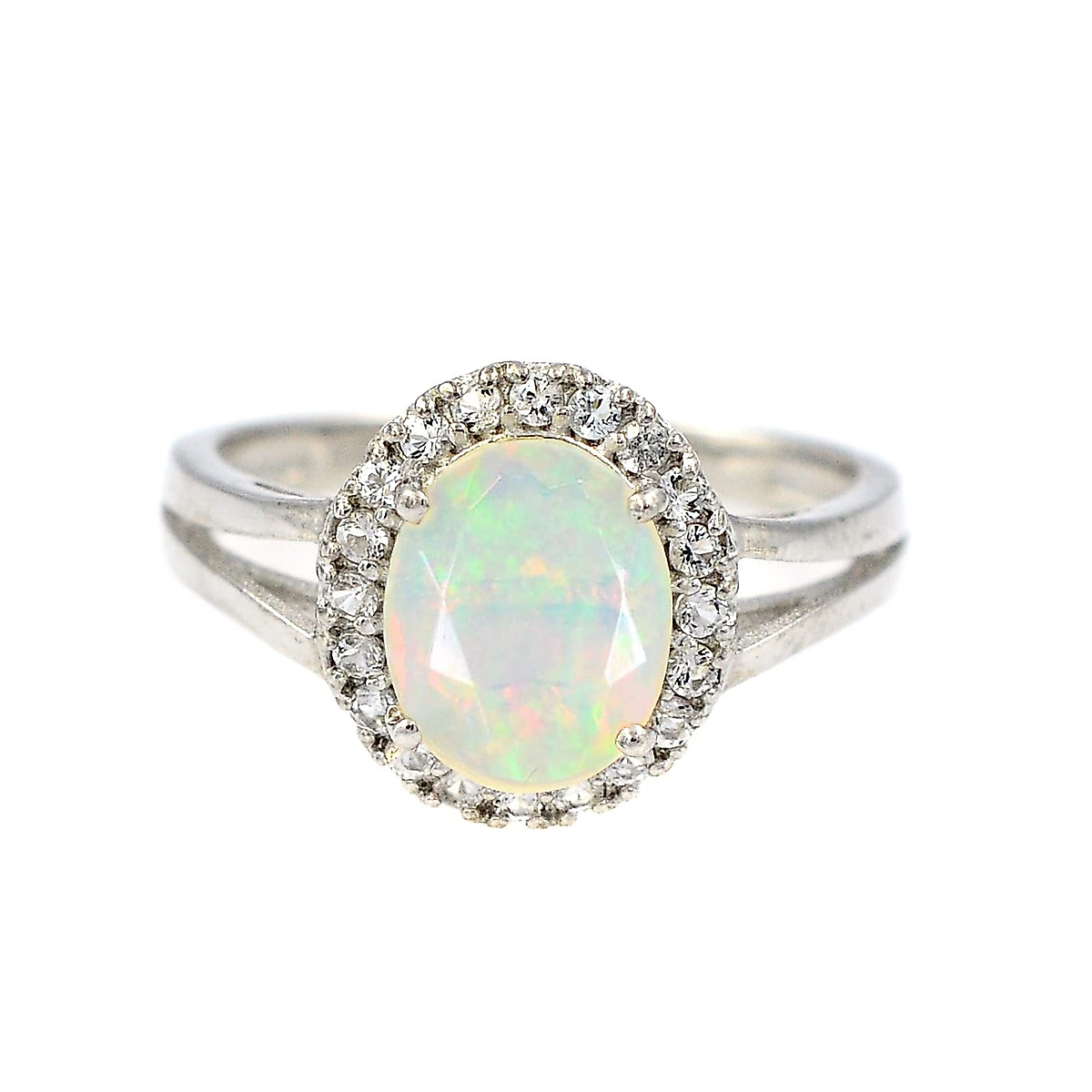 Natural 10X8 MM Welo Ethiopian Opal Cut Gemstone Oval Shape October Birthstone 925 Sterling Silver Solitaire Ring For Bridal Gift (Rhodium Plated Silver, 8)