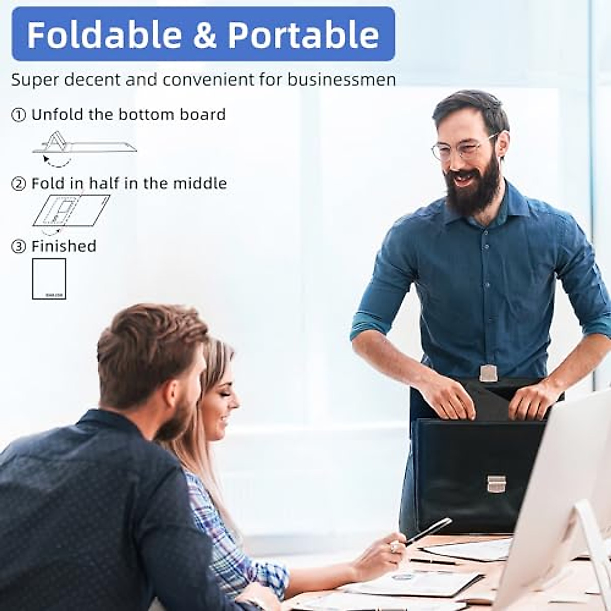 Travel Mouse Pad with Pen/Phone Holder - Foldable Portable for Laptop, PU Leather - Small Modern Thin Multifunctional Mouse Pad - Black