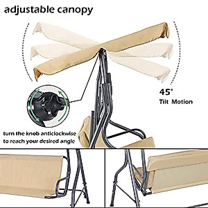 Aoodor Outdoor Patio Porch Swing with Adjustable Canopy, Weather Resistant Glider with Removable Cushions, 3 Seater - Brown