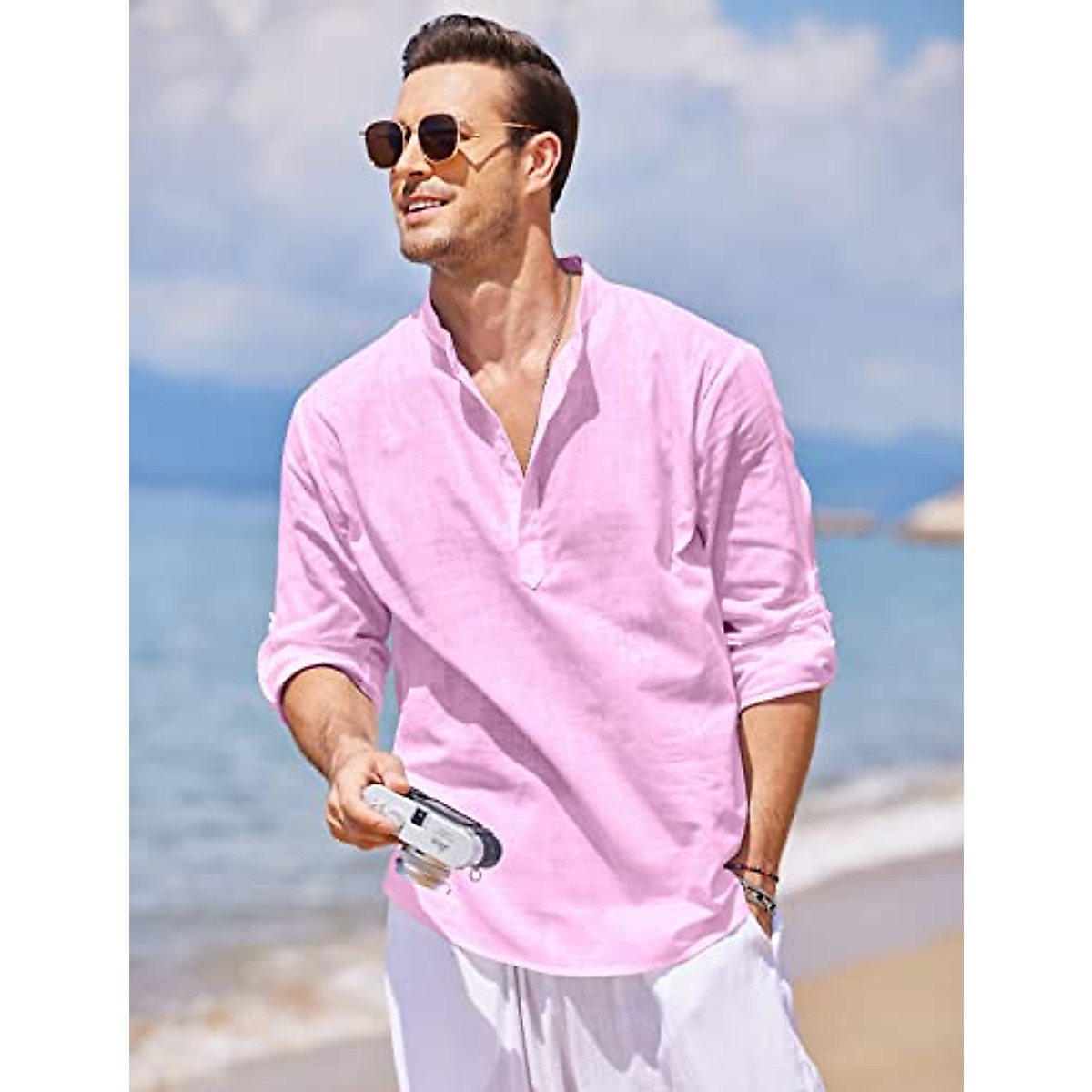 COOFANDY Men's Cotton Linen Henley Shirt Long Sleeve Hippie Casual Beach T Shirts Pink