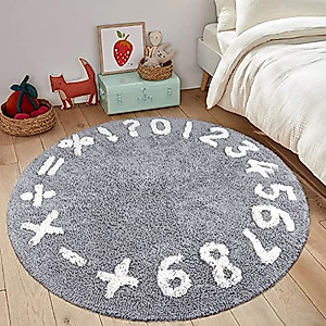 Round Rug 4Ft Math Circle Rug Soft Kids Rug Washable Area Rug Non-Slip Handwoven Tufted Cotton Grey White Rug Floor Play Mat Baby Carpet Nursery Rug for Kids Room Bedroom Playroom Bathroom Decor Gift
