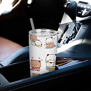 KAOQUANYA Cute Bear Panda And Dudu-2 20 Oz Covered Straw Tumbler Stainless Steel Double Wall Vacuum Insulated Travel Cup With Leak Proof Lid Stainless Steel Water Bottle Reusable Ice Hot Drinks Mug