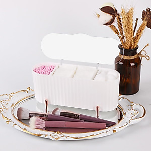 Tonxus Plastic Qtip Holder Dispenser,Cotton Ball and Swab Holder with Clear Lid,3 Compartments Bathroom Storage Organizer,Multifunctional Vanity Organizer for Cotton Swab,Ball,Cotton Pad,White