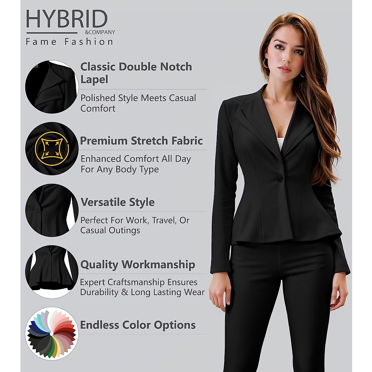 Hybrid & Company Women Double Notch Lapel Office Blazer JK43864 1073T BLACK Xlarge