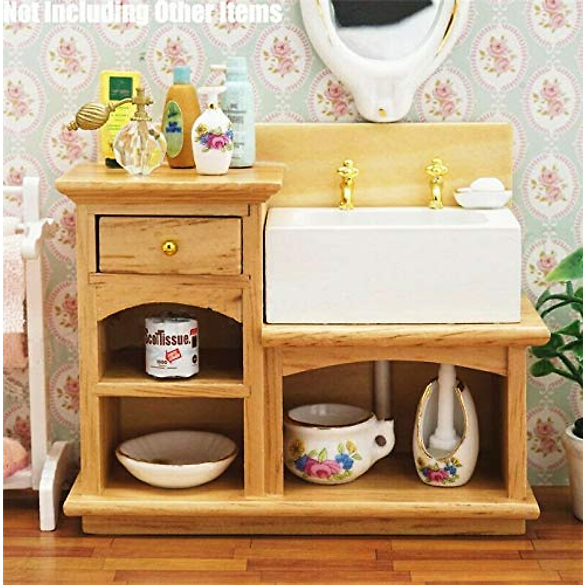 EatingBiting Mini House Bathroom Kitchen Decor Sink 1/12 Wooden Wash Basin Cabinet with Ceramic Hand Sink for Bathroom Kitchen Decoration Accessories