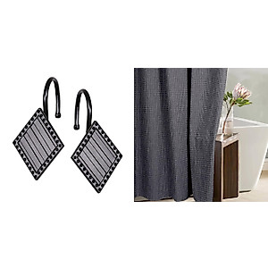 Popkozzi Grey Waffle Shower Curtain & Black Diamond Hooks - 72x72 Waterproof Washable Heavy Duty Fabric Shower Curtain - 12 PCS Rust Proof Metal Shower Curtain Rings (2 Item Bundle)