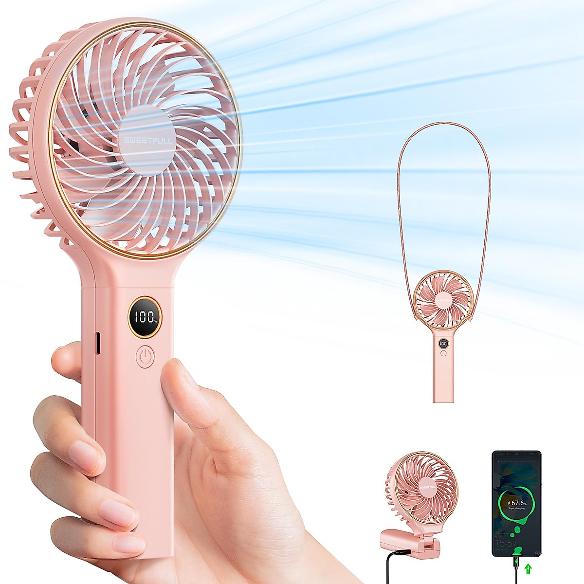 SWEETFULL Handheld Fan, Portable Fan, 5000mAh Rechargeable Battery, 6 Speed Wind, LED Display, Personal Mini Travel Fan with Backup Power, Hand Held Fan USB Foldable Electric Fan for Women Girl