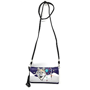 Western Wolf Dream Catcher Embroidery Feather Conceal Carry Women Handbag Purse in 5 colors (Black Wallet)