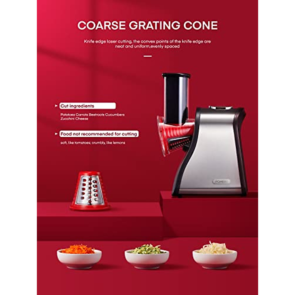 FOHERE Electric Cheese Grater Shredder, Electric Salad Maker for Home Kitchen Use, One-Touch Easy Control, Electric Grater for Vegetables, Cheeses and Nuts, BPA-Free, Red