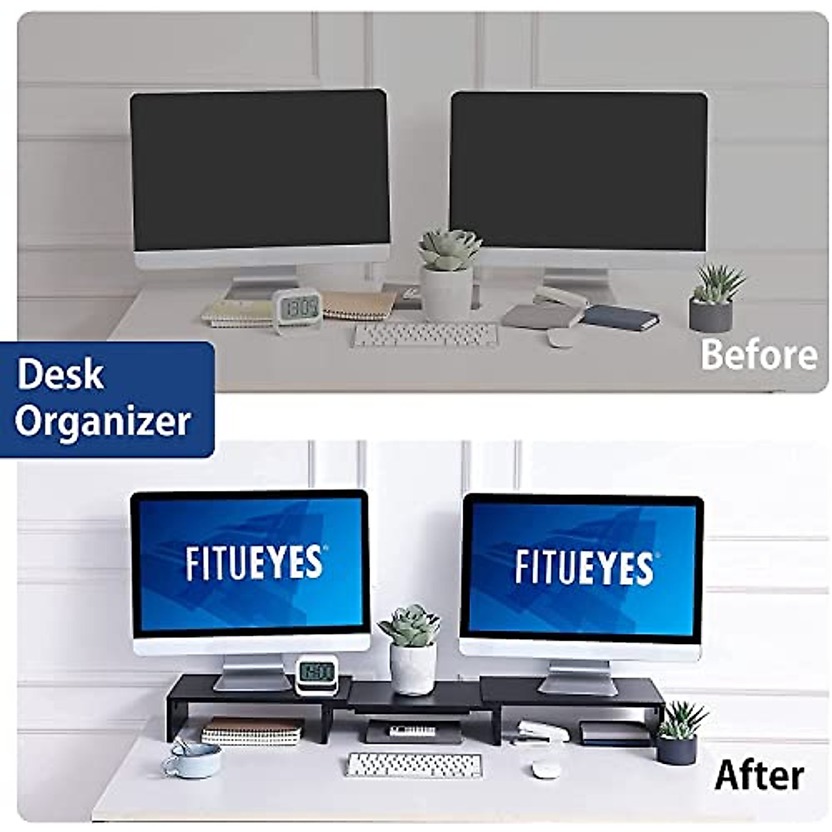 FITUEYES Dual Monitor Stand - Adjustable Wood Riser | 2 Monitors