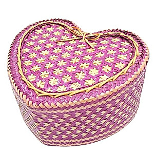 Bamboo Sticky Rice Serving Basket 6 x 5.2 Inch, Kratip, Intricately Woven Container, Heart-Shaped, Pikul Flower Weave Pattern, Thailand Handmade (Purple)