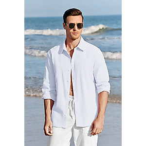 Mens Button Up Shirts Linen Beach Long Sleeve Casual Cotton Summer Lightweight Tops X-Large