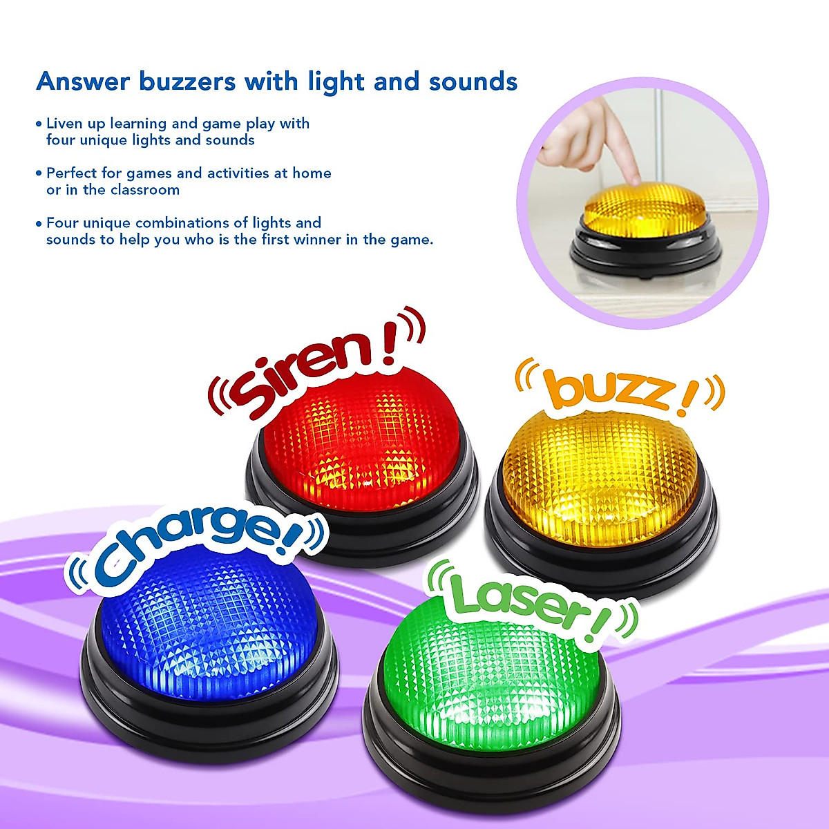 BEAN LIEVE 4-Pack Game Buzzers - Family feud Buzzer with Lights and Sounds, Answer Buzzers for Classroom, Quizzes Party, Buzzer for Game Show for Kids, Adults and Teacher Supplies