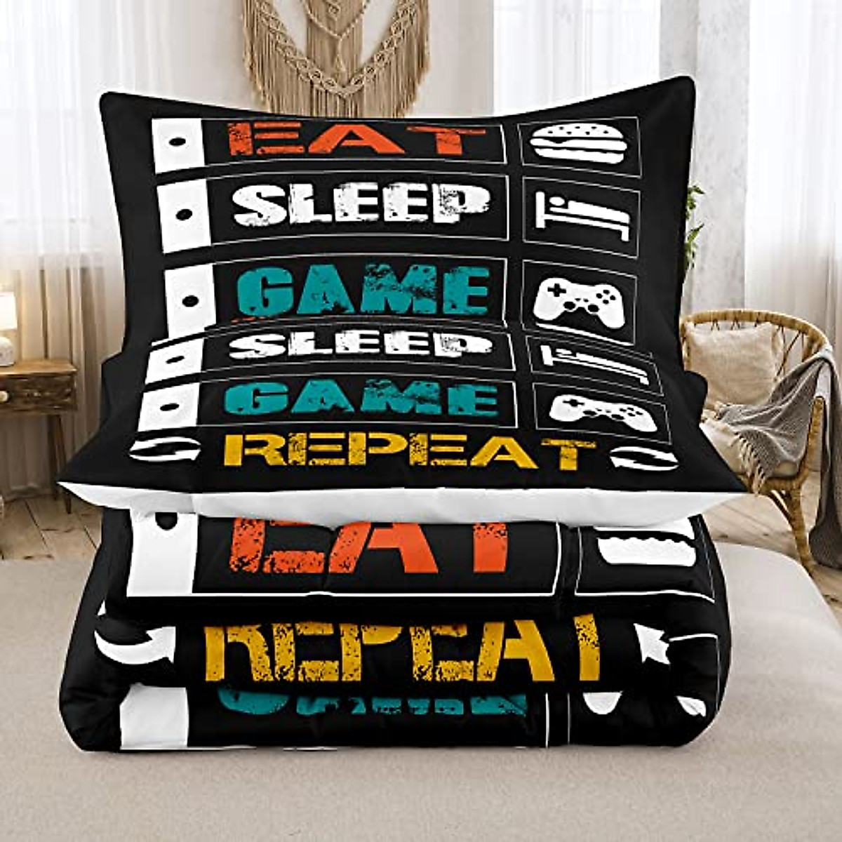 Bodhi Gaming Comforter Set Full,Gamer Bedding Sets for Boys Kids, Eat Sleep Game Repeat Design Comforter Set,3 Pieces Microfiber Game Bed Set (1 Gamer Comforter +2Pillowcases)
