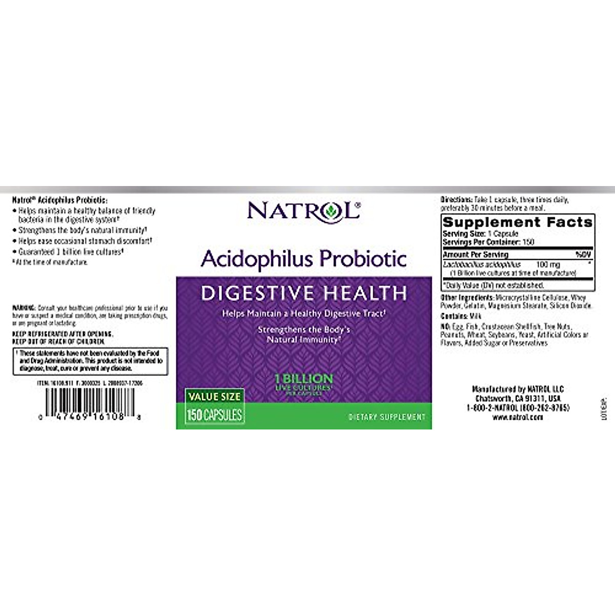 Natrol Acidophilus 100mg Capsules, Unflavored, Purple, 150 Count, Pack of 3