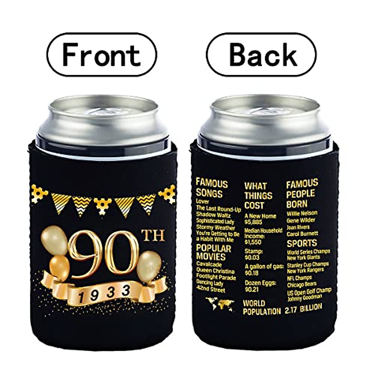 Yangmics 90th Birthday Can Cooler Sleeves Pack of 12- 1933 Sign -90th Anniversary Decorations - Dirty 90th Birthday Party Supplies - Black and Gold Ninetieth Birthday Cup Coolers