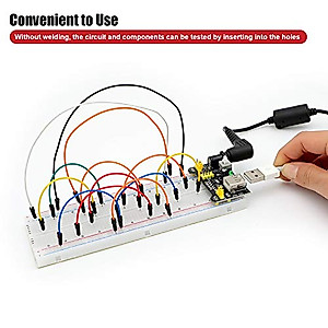 Breadboard Kit with Power Supply for Electronics, 65 Pieces M/M Bread Jumper Wires(12/16/20/25cm), 1 Piece Power Supply Module MB 102(5V/3V), 1 Piece 830 Tie-Points Breadboard