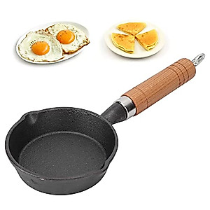Topyond 10CM Casting Iron Grill Pan, Flat Bottomed Egg Frying Pan Even Heating Bbq Pan with Wood Handle for BBQ Cooking