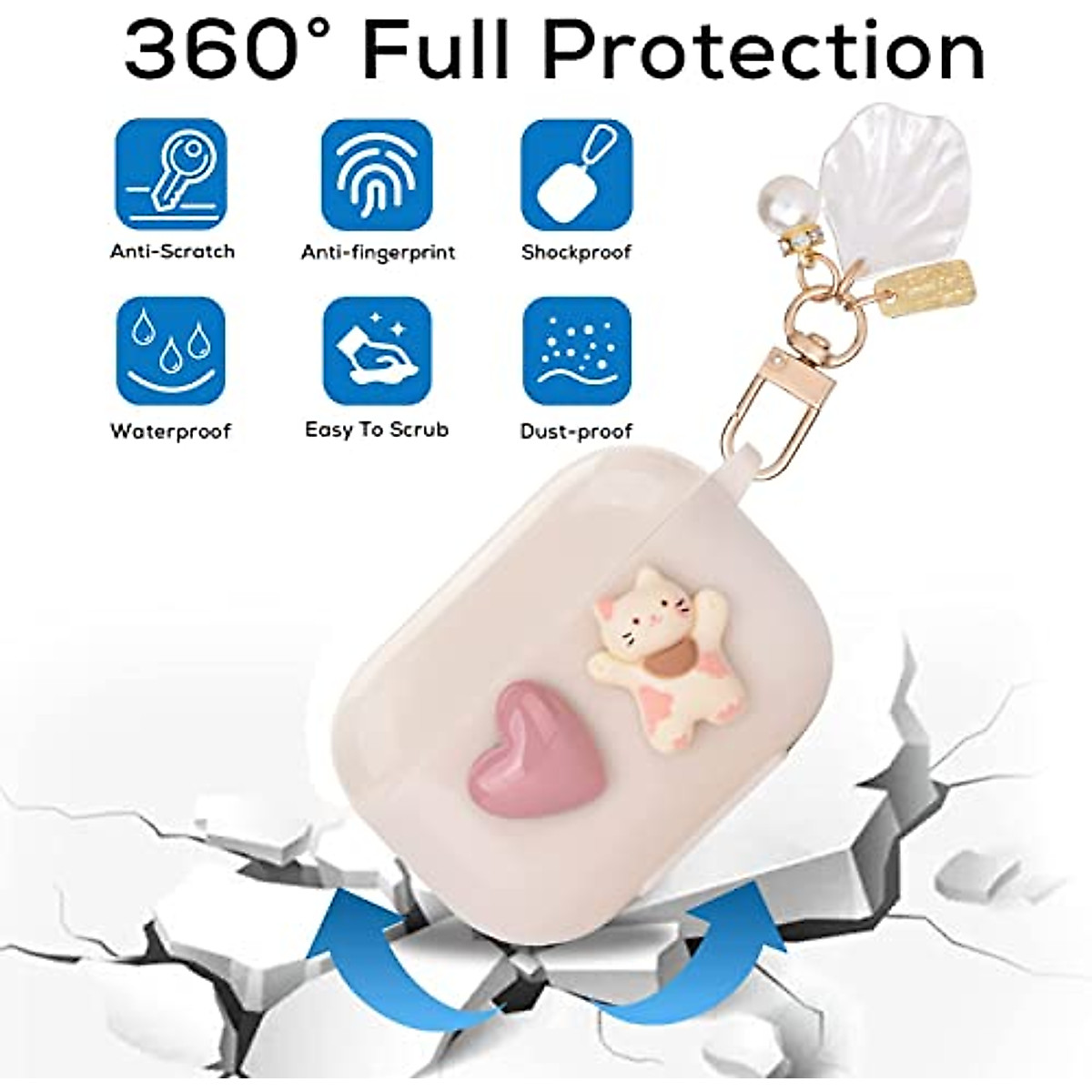 Cute Kawaii AirPods 3 Case with Shell Pearl Keychain Love Heart Cat Design Silicone TPU Cover Compatible with AirPods 3rd Generation Case for Women and Girls