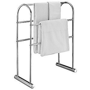 MyGift 32 Inch Silver Chrome Plated Metal Freestanding Bathroom Towel Holder Stand with Arched Design with 2 Tier Bar, Laundry Room Towel Drying Rack