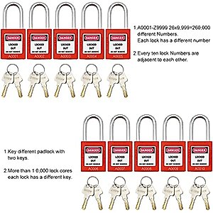 SAFBY 10 Keyed Different Lockout Tagout Lock - Loto Safe Padlocks for Lock Out Tag Out Stations and Devices (Red, Key Different)