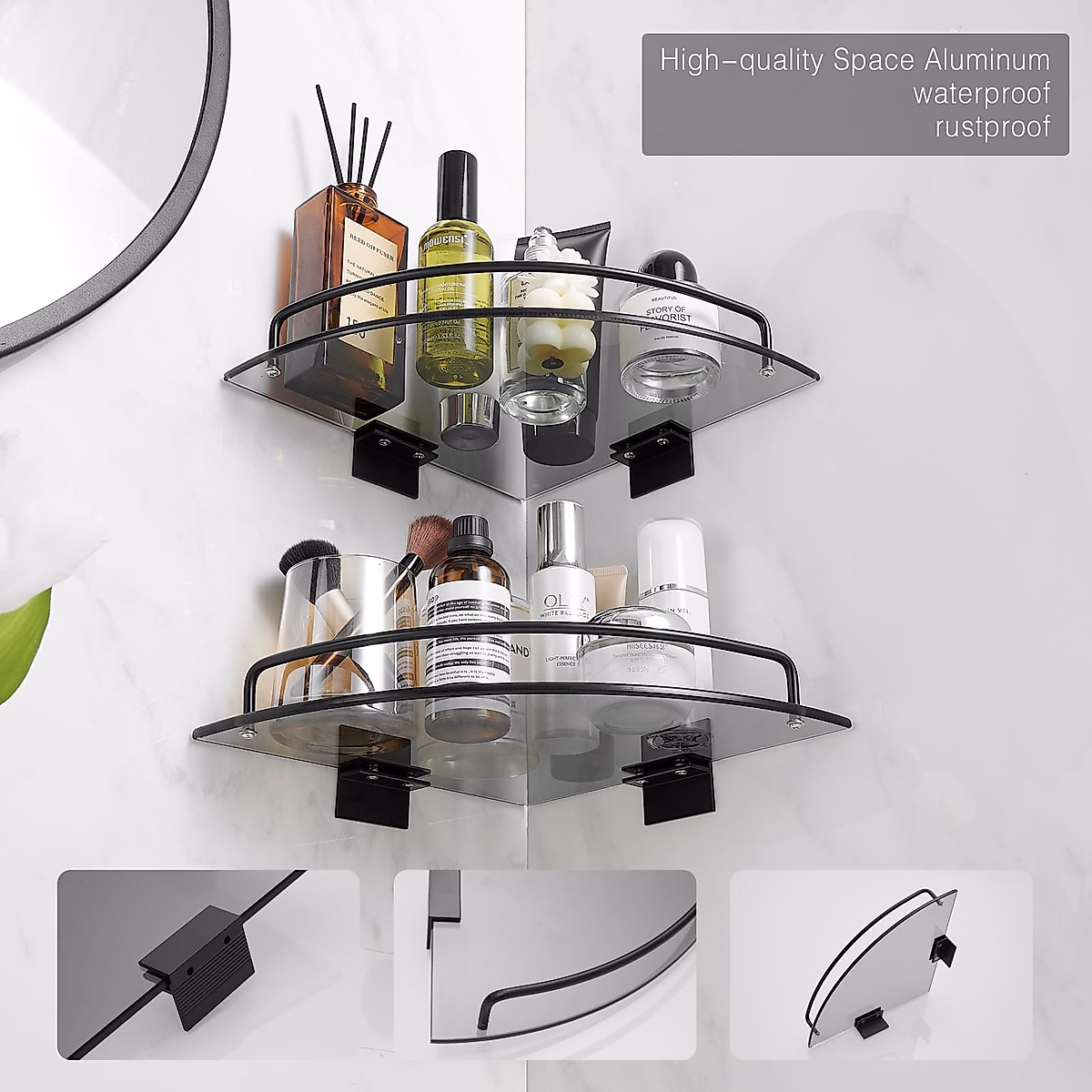 Voldra 2 Pack Glass Corner Shelf for Bathroom Corner Shower Caddy Shelf Black Tempered Glass Shelf with Rail Bathroom Corner Organizer Bathroom Shelves Wall Mounted