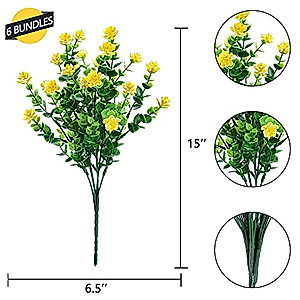 GREENRAIN 6 Bundles Artificial Flowers Outdoor Fake Flowers for Decoration UV Resistant No Fade Faux Plastic Plants Garden Porch Window Box Décor (Yellow)