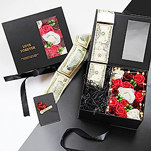 Money Pull Box for Cash Gift - Gift Box with Lid and Ribbon, 9.8 x 8.4 x 4.3 inch Luxury Money Pull Out Flower Gift Box, Unique Birthday Surprise Gift Box for Wife, Girlfriend, Mother, Friend (Black)