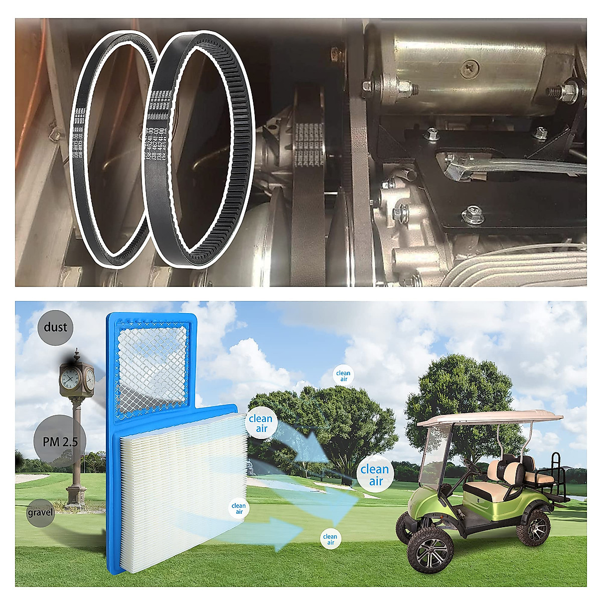 10L0L Golf Cart Tune Up Kit with Starter Generator Belt & Drive Belt for Yamaha 1996-up G16 G19 G22 & 2012-up G29 Gas Model W/ 4 Cycle 301cc 357cc Engine Air Filter Pre Filter Fuel Filter Spark Plug