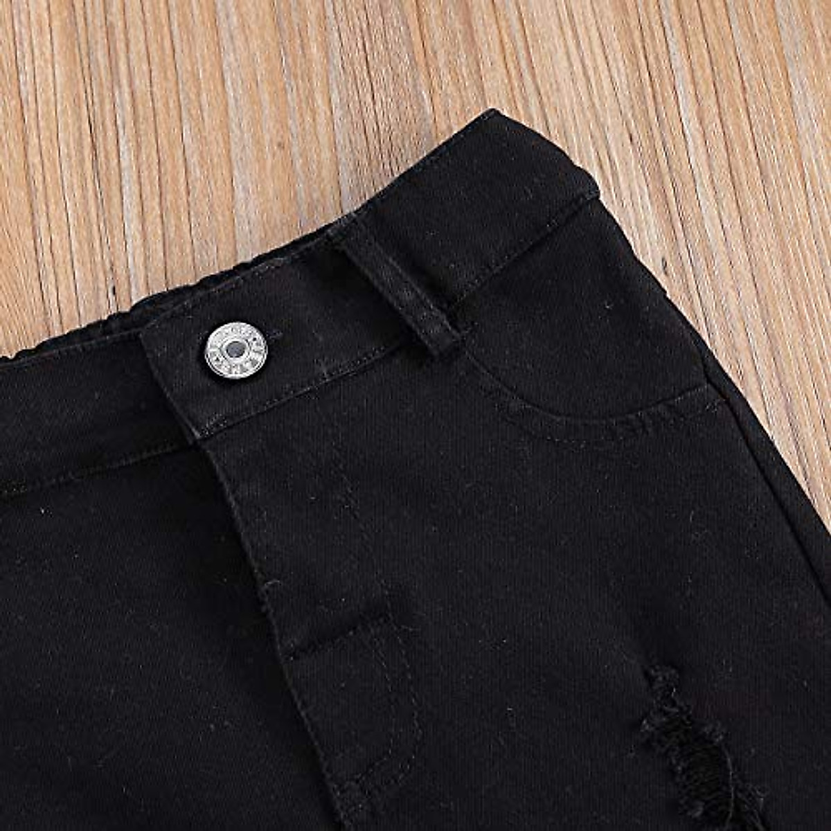 FIOMVA Toddler Baby Girls Flare Pants Solid Denim Ripped Jeans Ruffle Wide Leg Legging Trousers High Waist Bell Bottoms (B-Double Layered Ripped Black,1-2T)