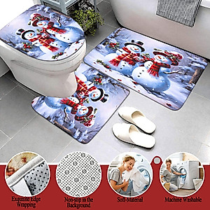 XVWJ 4Pcs Christmas Tree Snowman Shower Curtain Set with Rugs, Dreamy Snowman Couples Bathroom Set with Shower Curtains with Hooks, Waterproof Fabric Christmas Bathroom Decorations Shower Curtain Set
