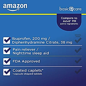 Amazon Basic Care Ibuprofen PM, Ibuprofen and Diphenhydramine Citrate Tablets, 200 mg/38 mg, Pain Reliever (NSAID)/Nighttime Sleep-Aid, 120 Count