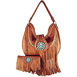 Western Cowgirl Concealed Carry Fringe Concho Agate Handbag Hobo Shoulder Handbag With Matching Wallet In Tan