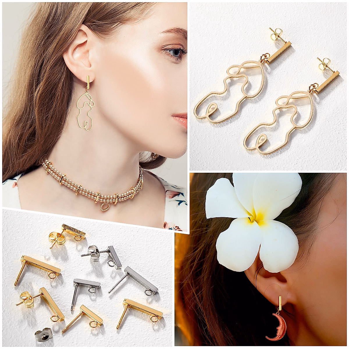 Hinly 80 Pieces Stainless Steel Earring Posts Stud Earring with Loop 80 Pieces Ear Nut Bar Pierced Post for DIY Jewelry Making, 2 Sizes(Silver, Gold)