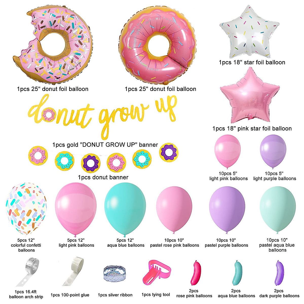 Donut Birthday Party Decorations, 116Pcs Donut Balloons Garland Grow Up Party Supplies Donut Banner Pink Blue Confetti Pearlescent Foil Balloons for Sweet Birthday Party Baby Shower Decorations