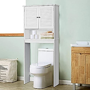 Squareful Over-The-Toilet Bathroom Storage Shelf, Freestanding Storage Organizer w/Louvre Door & 1 Open Shelf, Bathroom Space Saver, White, (HW66126)