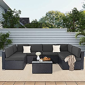 Incbruce 7 Piece Outdoor Patio Furniture Set All-Weather Sectional Sofa Outside Couch, Manual Weaving PE Wicker Rattan Conversation Set with Glass Top Table and Removable Cushions (Gray)