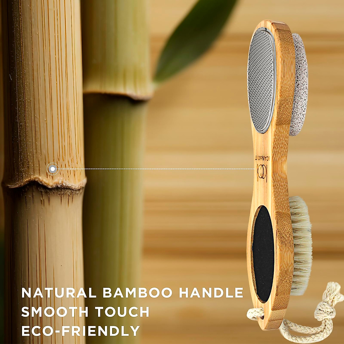 ICDI ICANdOIT Natural Bamboo Foot File Callus Remover-Multi Purpose 4 in 1 Feet Pedicure Kit with Foot Care Boar Bristle Brush,Pumice Stone,Foot Rasp,Sand Paper
