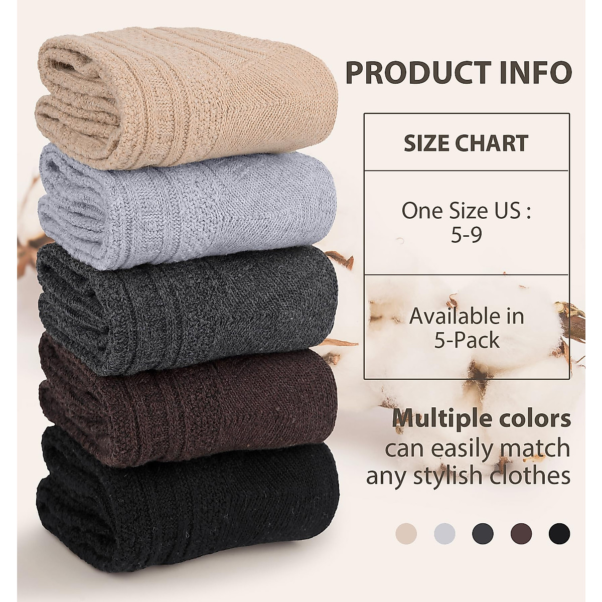 YSense Pack of 5 Womens Wool Socks Winter Warm Hiking Socks Casual Calf Athletic Socks Gifts