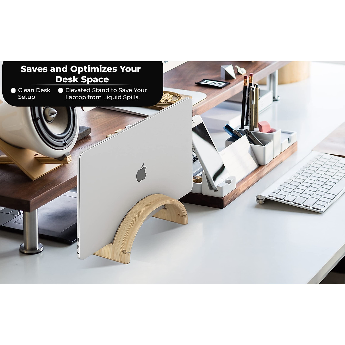 Kothar Wood Vertical Laptop Stand for Desk, Natural Bamboo, Space-Saving Desktop Dock for Apple MacBook, Microsoft Surface, iPad, Tablets and More