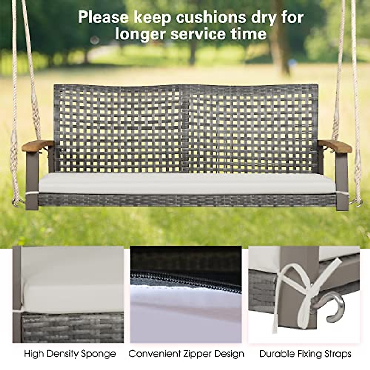 Tangkula 2-Person Outdoor Porch Swing with 118" Hanging Ropes, Patiojoy PE Wicker Patio Hanging Swing Bench with Soft Seat Cushion & 800 Lbs Weight Capacity, Suitable for Patio, Garden (Off White)