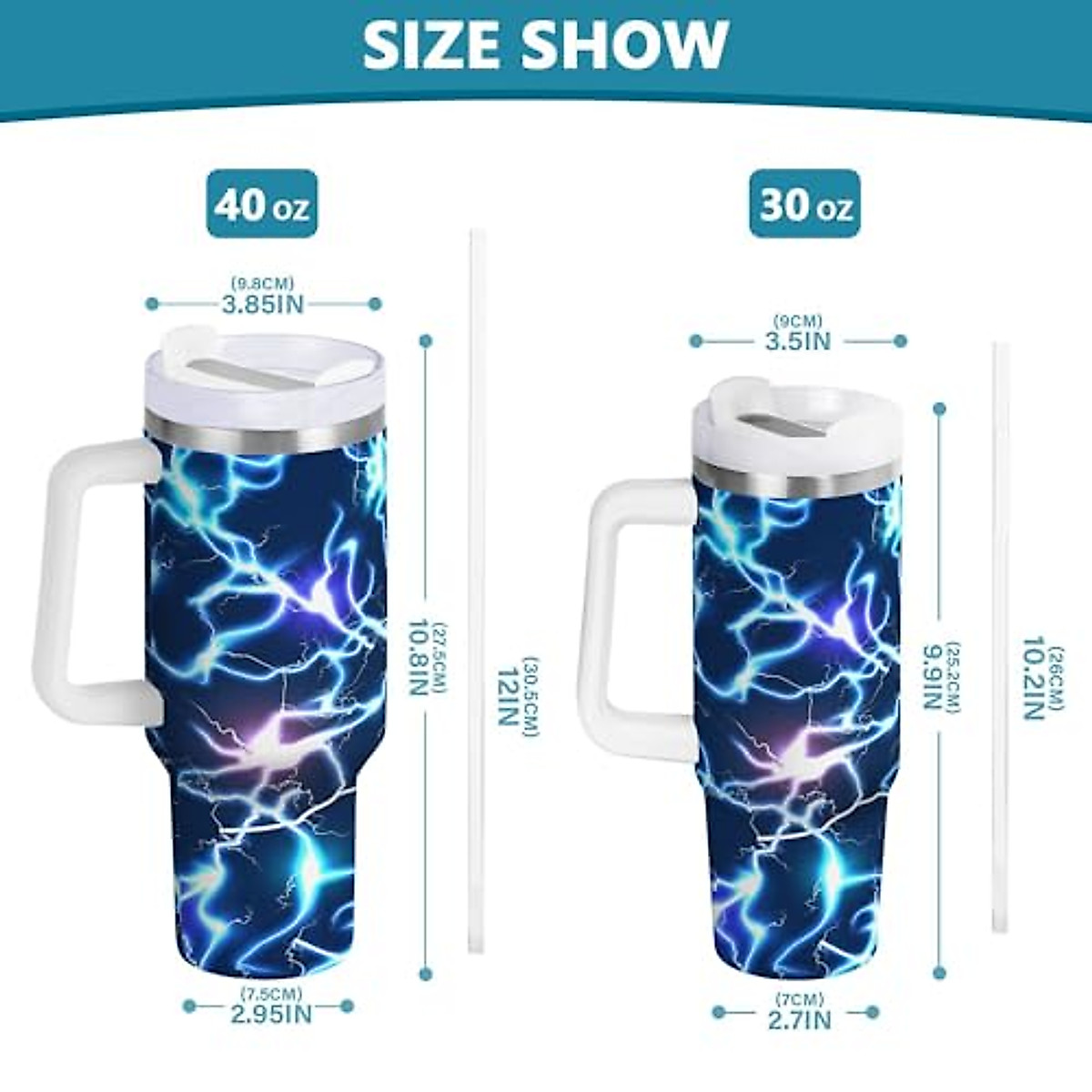 Exnundod 40 oz Tumbler with Handle Abstract Blue Lightning Insulated Stainless Steel Cup with Lid and Straw Travel Cup Leak-proof Fits in Car Cup Holder for Iced & Hot