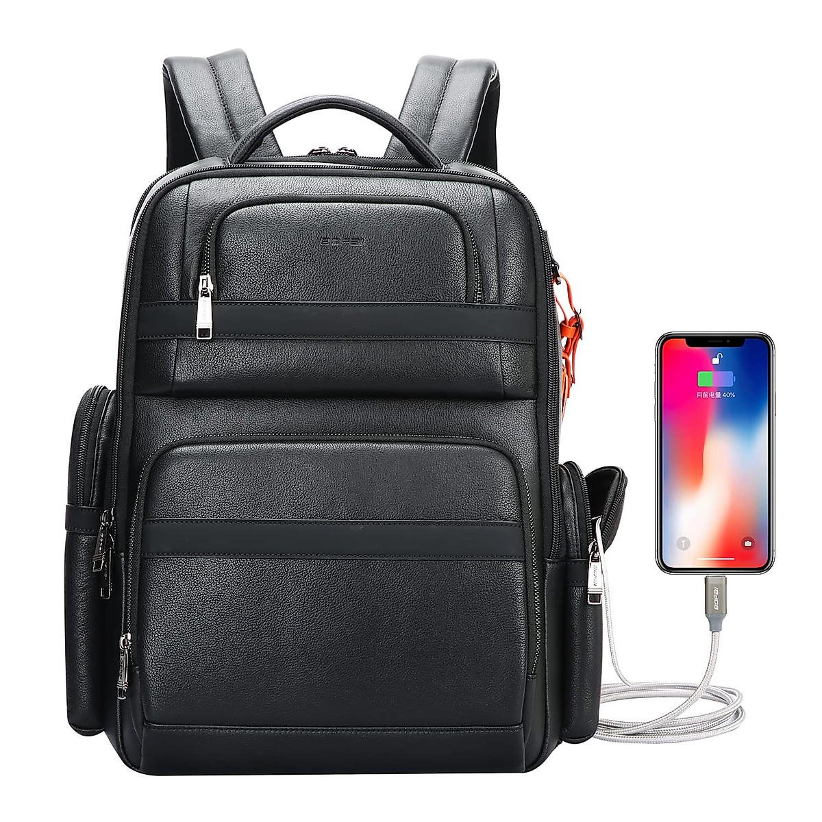 BOPAI 40L Genuine Business Leather Laptop Professional Backpack for Men 15.6 inch Computer with USB Charging Multi-Functional Large Capacity Travel Smart Work Rucksack Anti Theft Black
